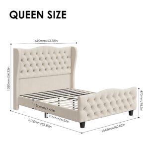 Keyluv Queen Size 54.3” Tall Platform Bed Frame with Deep Button Tufted Wingback Headboard and Footboard, Velvet Upholstered Bed Frame with Handmade Pleats, No Box Spring Needed, Beige/Cream