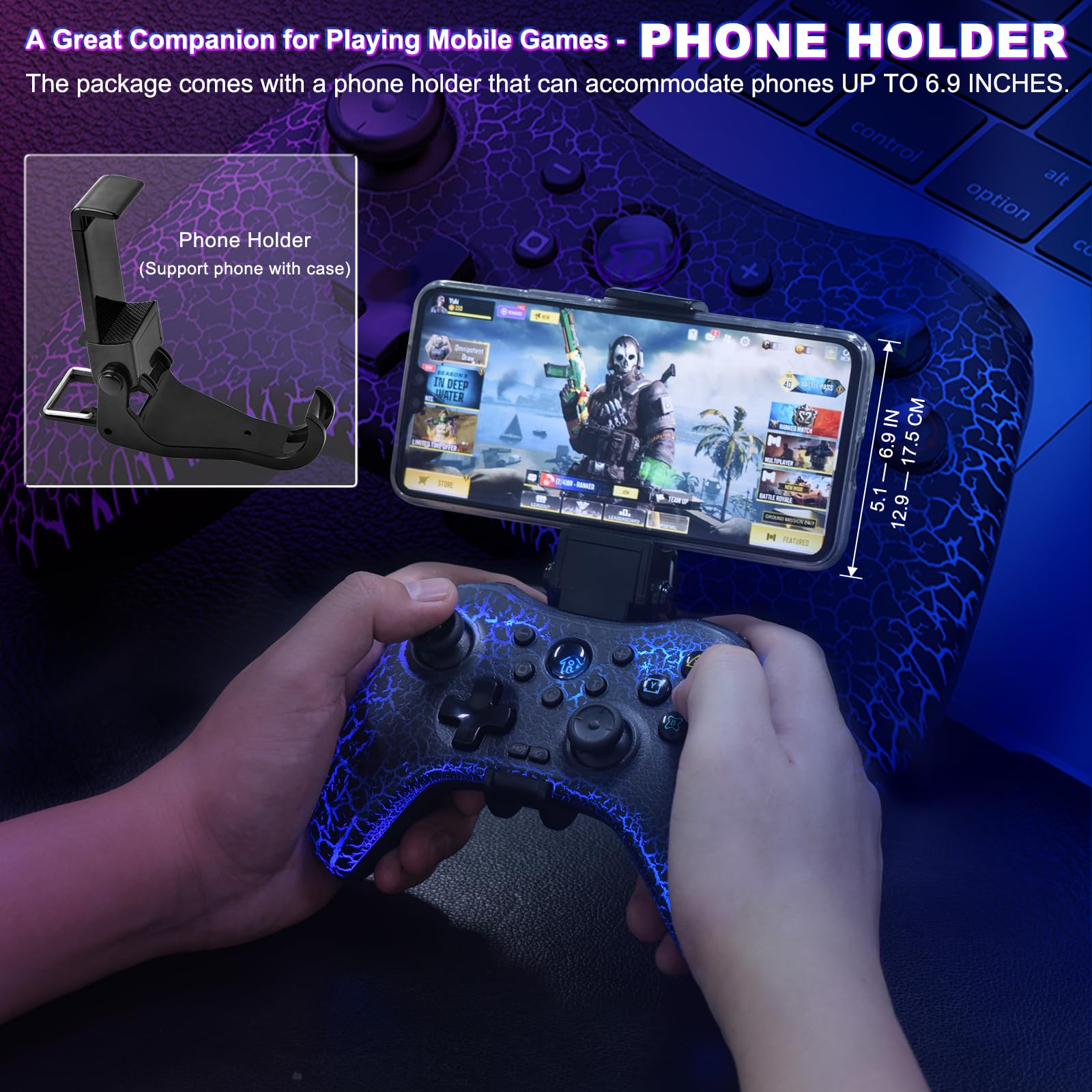 arVin Gaming Controller for iPhone/iPad/iOS/Android/Tablet/PC/PS5/PS4/PS3/Switch, Pro Wireless Game Controller Gamepad with Unique Crack/Phone Holder/Back Button/Turbo/RGB Light/Vibration/6-Axis Gyro