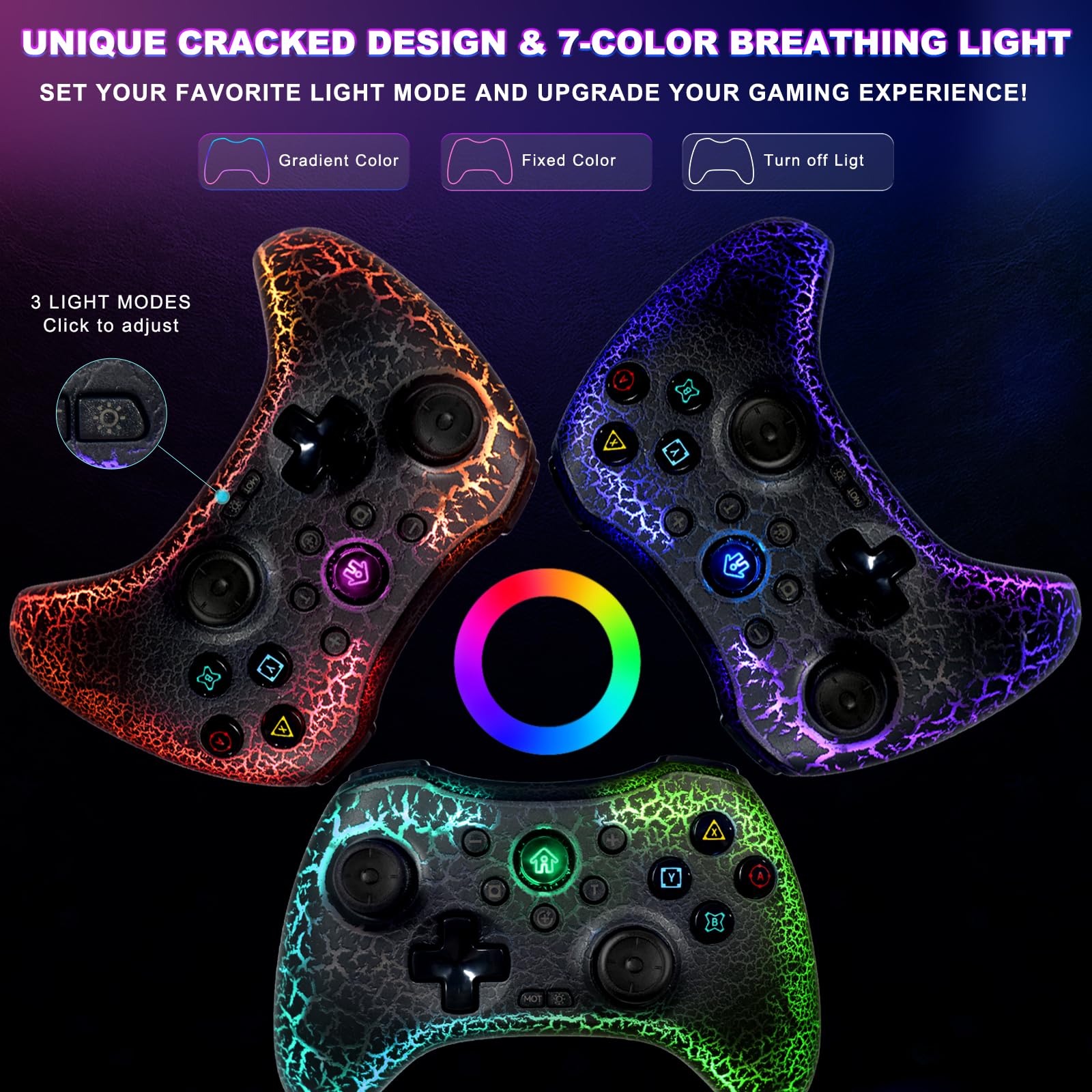 arVin Gaming Controller for iPhone/iPad/iOS/Android/Tablet/PC/PS5/PS4/PS3/Switch, Pro Wireless Game Controller Gamepad with Unique Crack/Phone Holder/Back Button/Turbo/RGB Light/Vibration/6-Axis Gyro