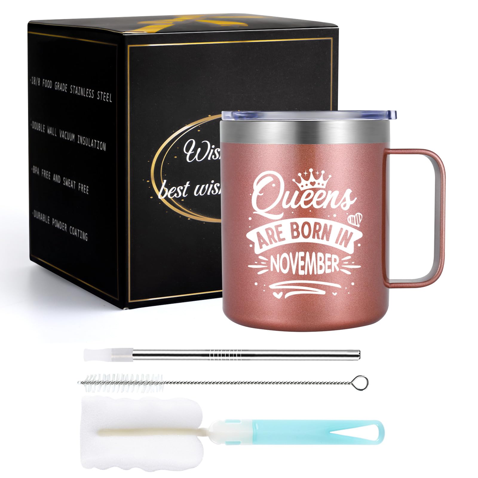 Lifecapido Birthday Gifts for Women, Queens Are Born in November Insulated Coffee Mug with Handle 12oz, November Birthdays Gifts Sagittarius Scorpio Gifts for Mom Her Wife Sister Friend, Rose Gold