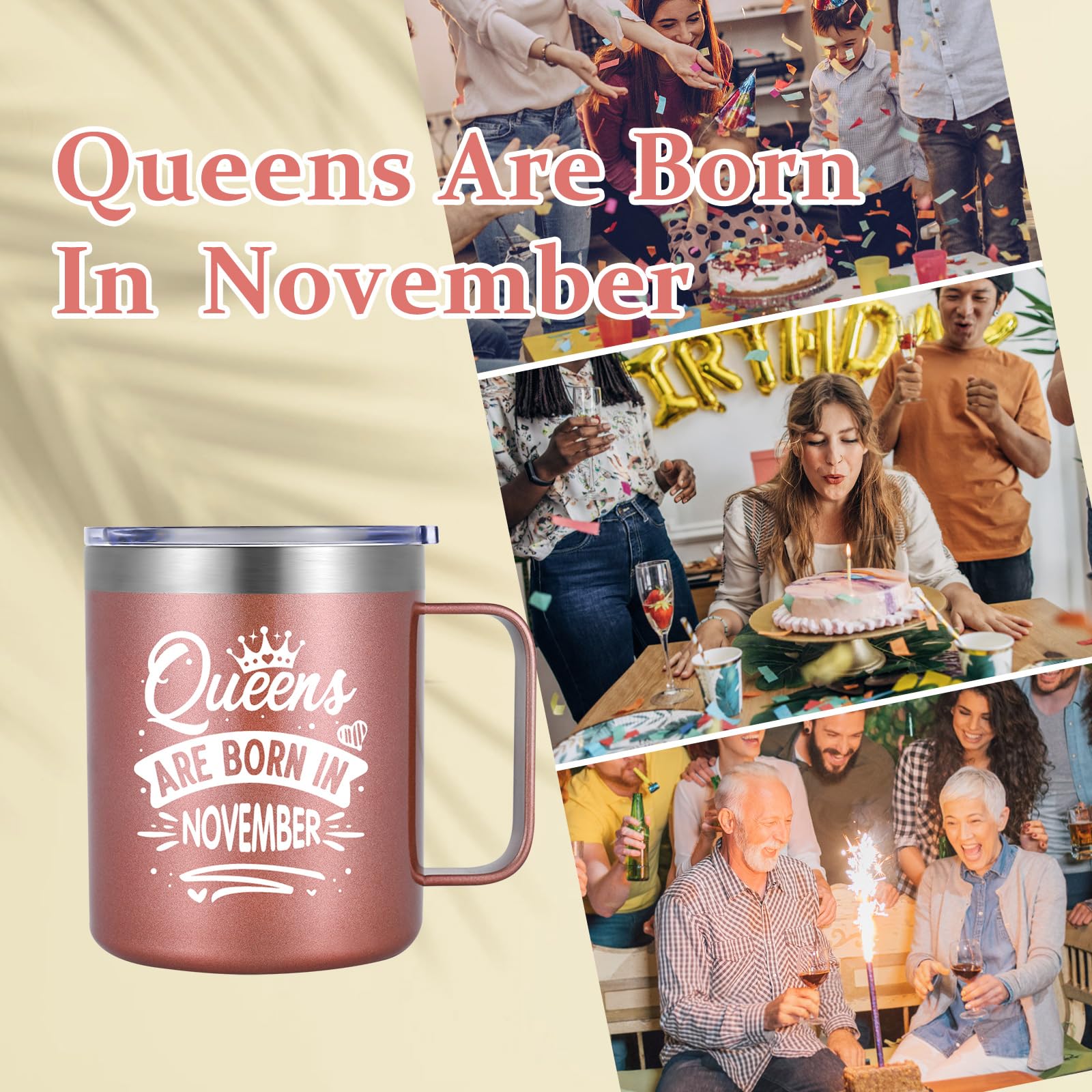 Lifecapido Birthday Gifts for Women, Queens Are Born in November Insulated Coffee Mug with Handle 12oz, November Birthdays Gifts Sagittarius Scorpio Gifts for Mom Her Wife Sister Friend, Rose Gold