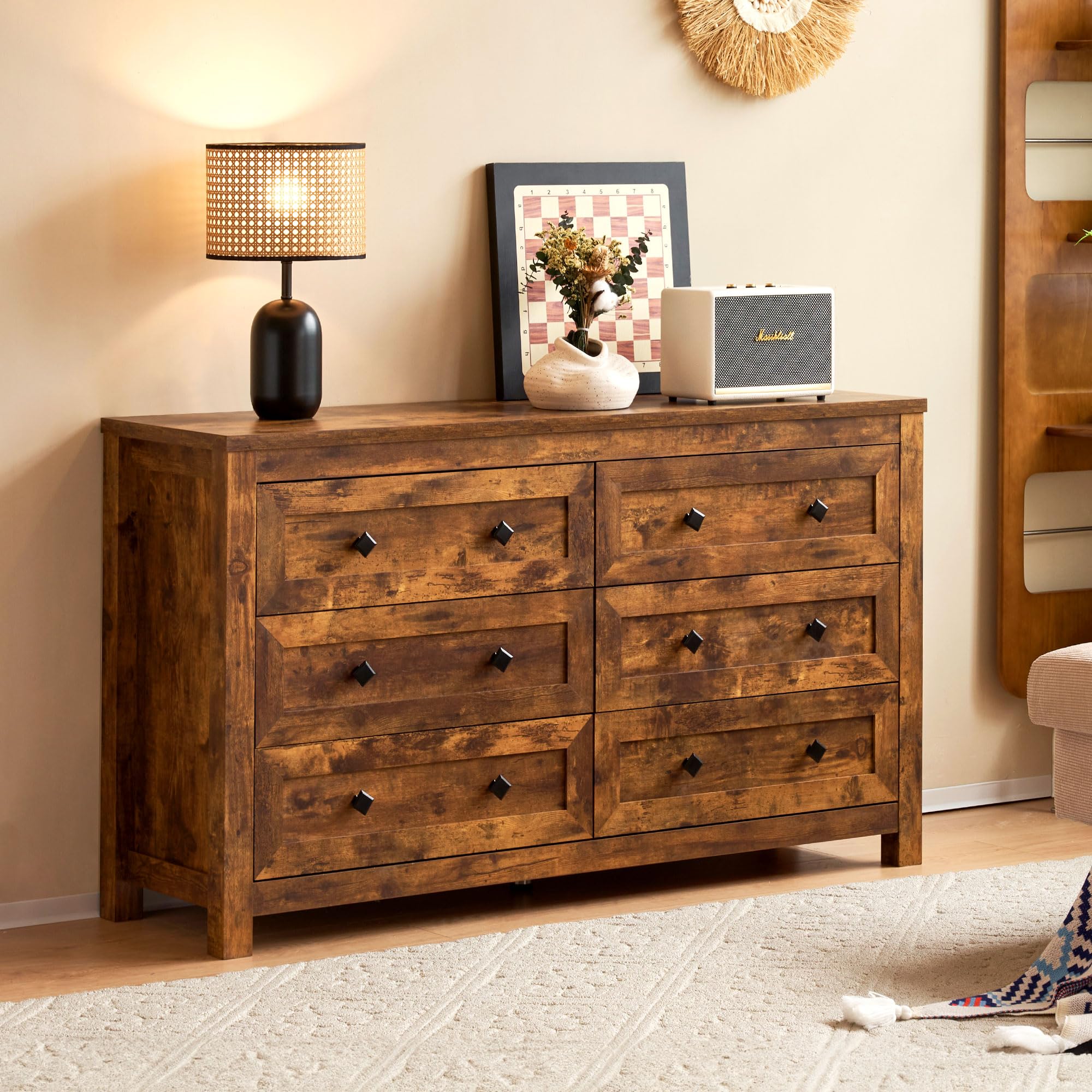 VanAcc 6 Drawers Dresser for Bedroom, Farmhouse Wood Chest of Drawers with Vintage Grain Texture, Drawer Double Dresser for Bedroom, Living Room, Hallway, Rustic Brown