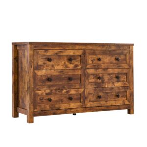 VanAcc 6 Drawers Dresser for Bedroom, Farmhouse Wood Chest of Drawers with Vintage Grain Texture, Drawer Double Dresser for Bedroom, Living Room, Hallway, Rustic Brown