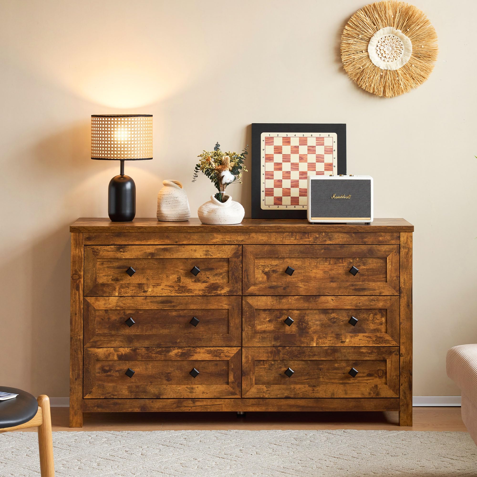 VanAcc 6 Drawers Dresser for Bedroom, Farmhouse Wood Chest of Drawers with Vintage Grain Texture, Drawer Double Dresser for Bedroom, Living Room, Hallway, Rustic Brown