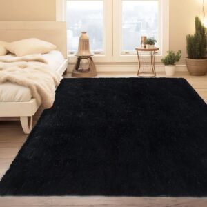 crugz black area rug 6x9 feet, ultra soft black rugs for living room decor, shaggy fluffy black carpet for bedroom, nursery home decor 72x108 inch black alfombras para salas (6'x9' black)