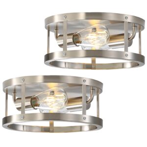 sewterolyn 2-light industrial flush mount ceiling light fixture,brushed nickel farmhouse ceiling light fixture,modern flush mount light fixture for kitchen bedroom living room hallway 2 pack