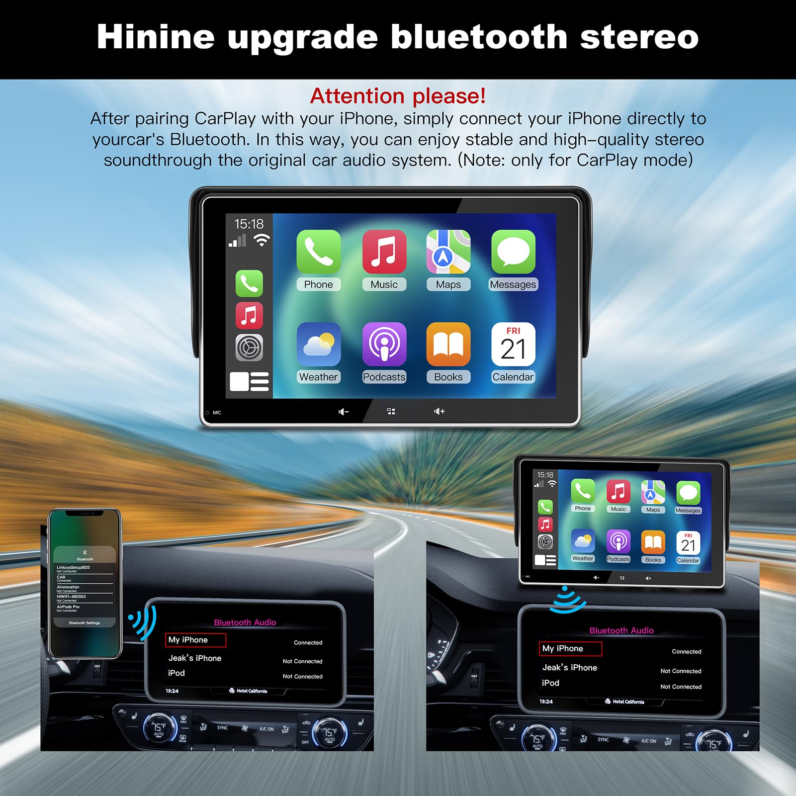 Hinine 7" HD Double Din Car Stereo with 720H Backup Camera, Portable Apple CarPlay Wireless Touch Screen Android Auto Automatic Multimedia Player with Mirror Link/Siri/Bluetooth/Navigation Screen