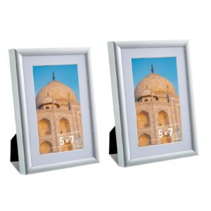 2 pack 5x7 silver metal picture frame, aluminum photo frames for wall or tabletop display and wall mounting, pictures photo frame great for weddings, graduations, events, home decoration, office