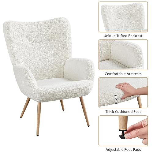 Yaheetech Barrel Chair, Teddy Fabric Casual Chair with High Back and Soft Padded, Modern Fuzzy Vanity Chair, Cozy Armchair for Living Room Bedroom Makeup Room, White