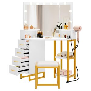 yitahome vanity desk with lights, power outlet, 3 color options, storage drawers, shelves, stool - white