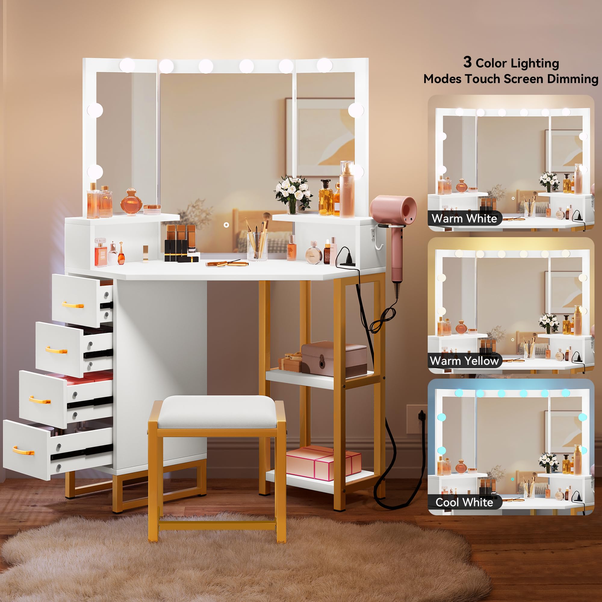 YITAHOME Vanity Desk with Lights, Power Outlet, 3 Color Options, Storage Drawers, Shelves, Stool - White