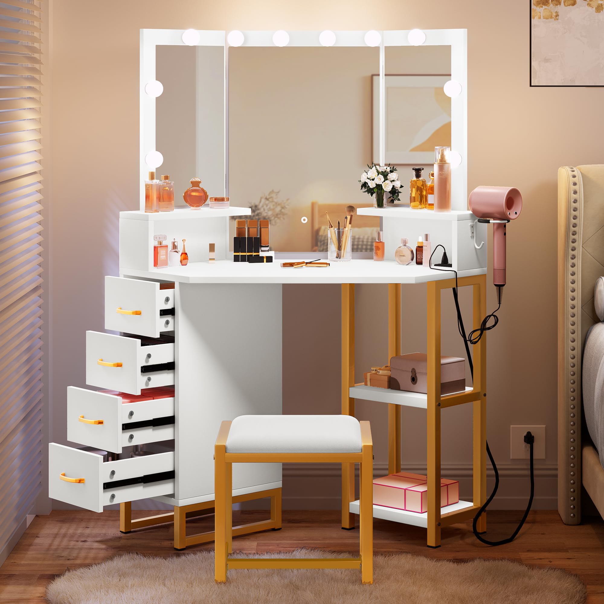 YITAHOME Vanity Desk with Lights, Power Outlet, 3 Color Options, Storage Drawers, Shelves, Stool - White