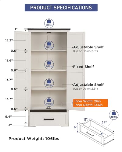 JXQTLINGMU 72" Tall Farmhouse Kitchen Pantry with Adjustable Shelves, Large Wood Kitchen Storage Cabinets with 2 Barn Doors & Drawer, Versatile Storage for Dining Room, Bathroom, Antique White