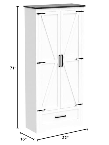 JXQTLINGMU 72" Tall Farmhouse Kitchen Pantry with Adjustable Shelves, Large Wood Kitchen Storage Cabinets with 2 Barn Doors & Drawer, Versatile Storage for Dining Room, Bathroom, Antique White