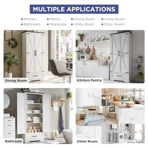 JXQTLINGMU 72" Tall Farmhouse Kitchen Pantry with Adjustable Shelves, Large Wood Kitchen Storage Cabinets with 2 Barn Doors & Drawer, Versatile Storage for Dining Room, Bathroom, Antique White