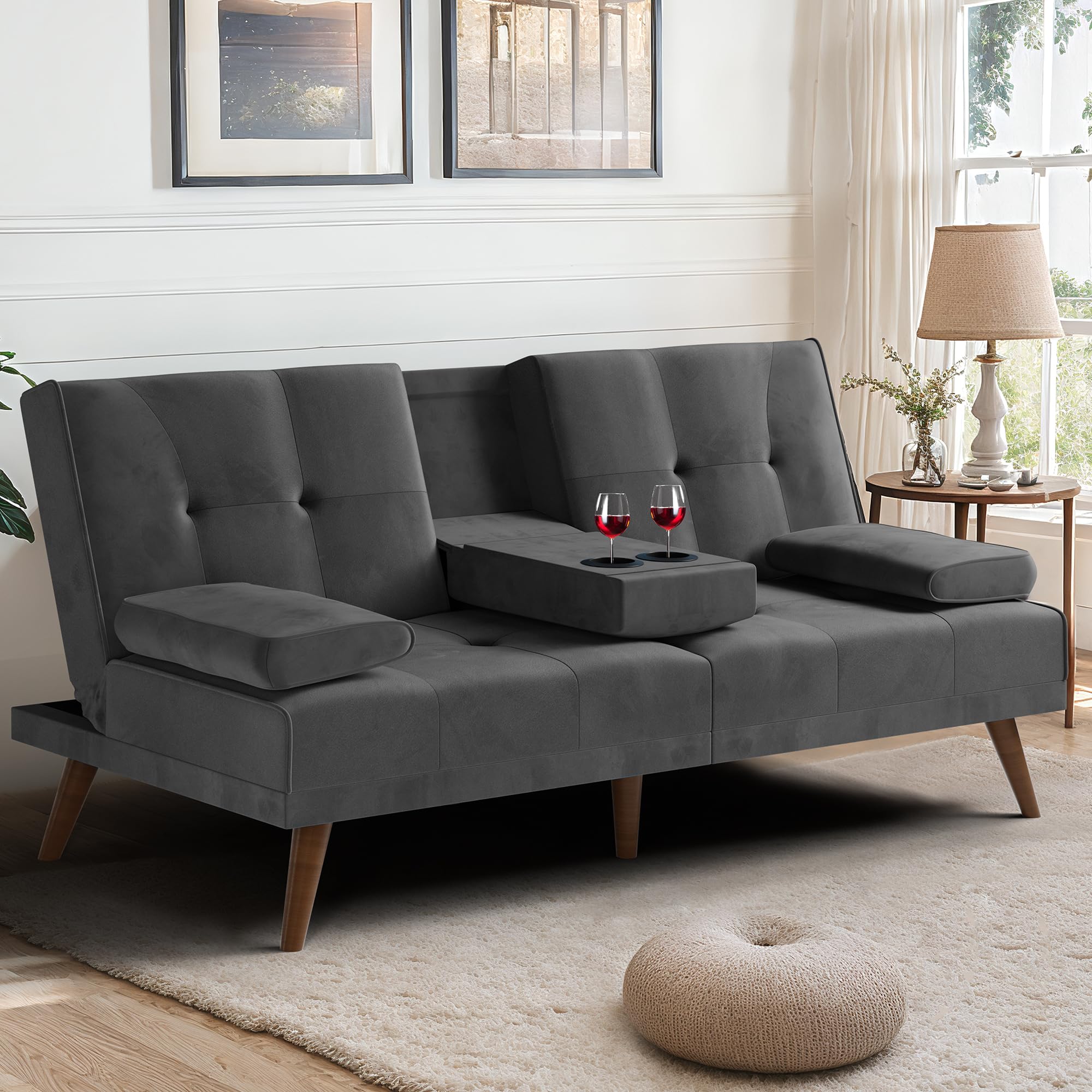 Meilocar Sofa Bed Velvet, 60" Loveseat Futon Sofa Bed with Removable Armrests, Adjustable Recliner Guest Bed Daybed Sofa for Small Space, Cup Holders, 3 Angles, Gray