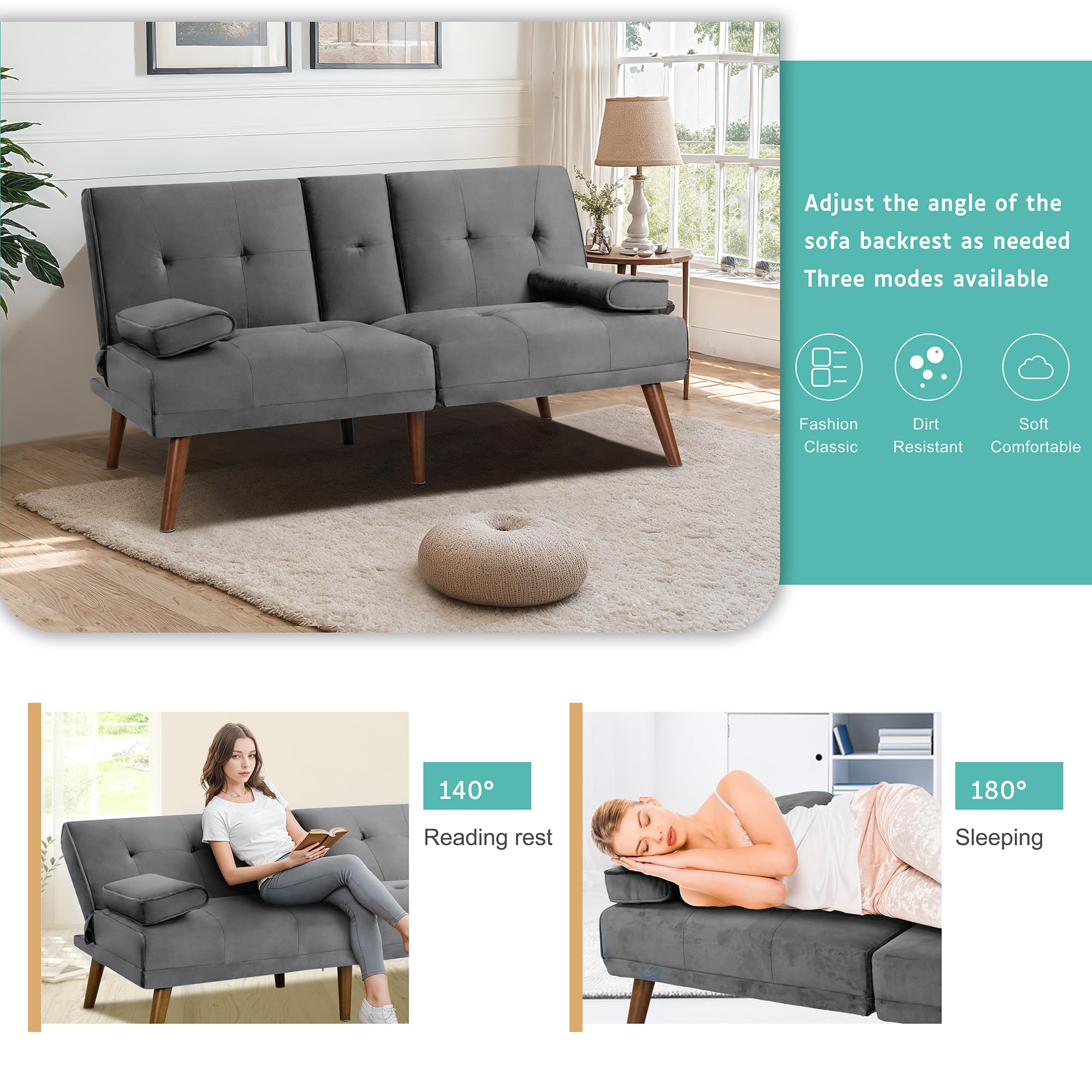 Meilocar Sofa Bed Velvet, 60" Loveseat Futon Sofa Bed with Removable Armrests, Adjustable Recliner Guest Bed Daybed Sofa for Small Space, Cup Holders, 3 Angles, Gray