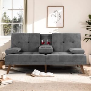 Meilocar Sofa Bed Velvet, 60" Loveseat Futon Sofa Bed with Removable Armrests, Adjustable Recliner Guest Bed Daybed Sofa for Small Space, Cup Holders, 3 Angles, Gray