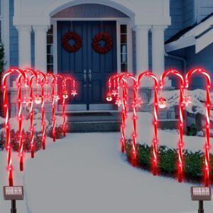 bitpott christmas decorations candy cane solar lights outdoor 12 pack, 28 inch christmas solar pathway lights, red light solar garden lights for yard pathway walkway markers holiday decor