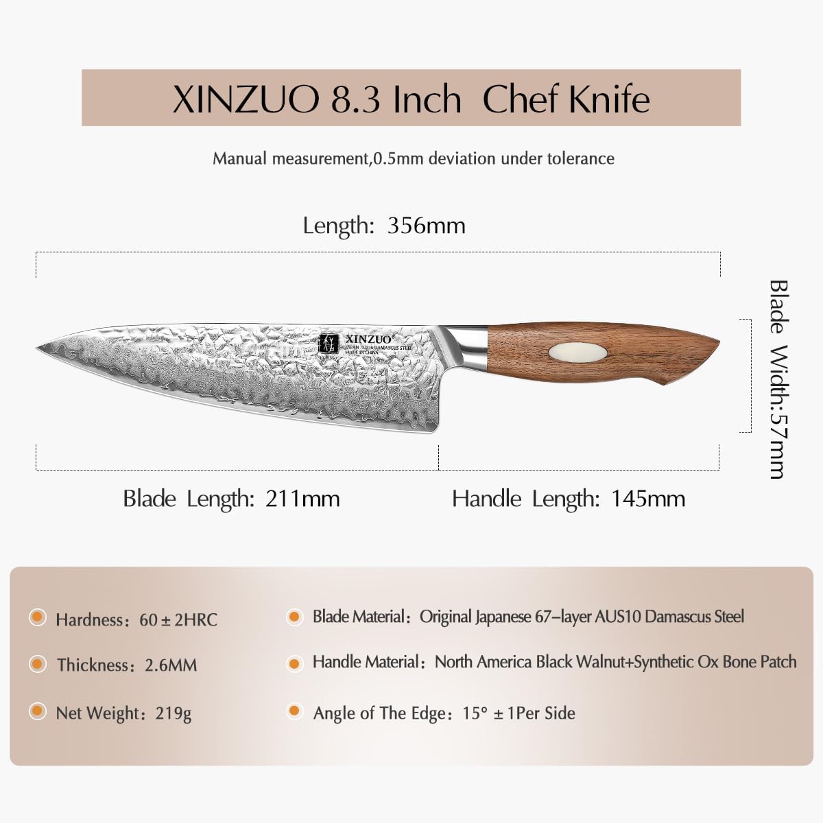 XINZUO 8.3 Inch 67 Layers Damascus Steel Chef Knife, Hand Forged Japanese AUS-10 Steel Gyuto Chef Knife,Walnut Black Walnut Handle,Full Tang, Razor Sharp,Exquisite Box Package