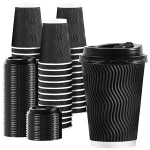 lamosi to go coffee cups with lids, disposable coffee cups 12 oz, paper cups 12 oz, hot cups with lids, throw away coffee cups with lids for party and reception (black, 12oz, 60 pack)