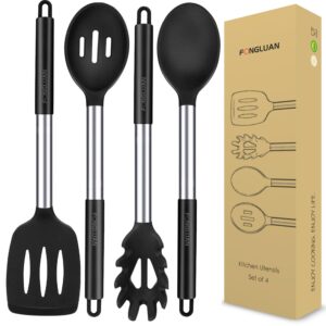 fongluan kitchen utensils, set of 4, silicone cooking utensils set with stainless steel handle, turner/spatula, spoons, pasta fork - heat resistant, nonstick cookware, dishwasher safe, black