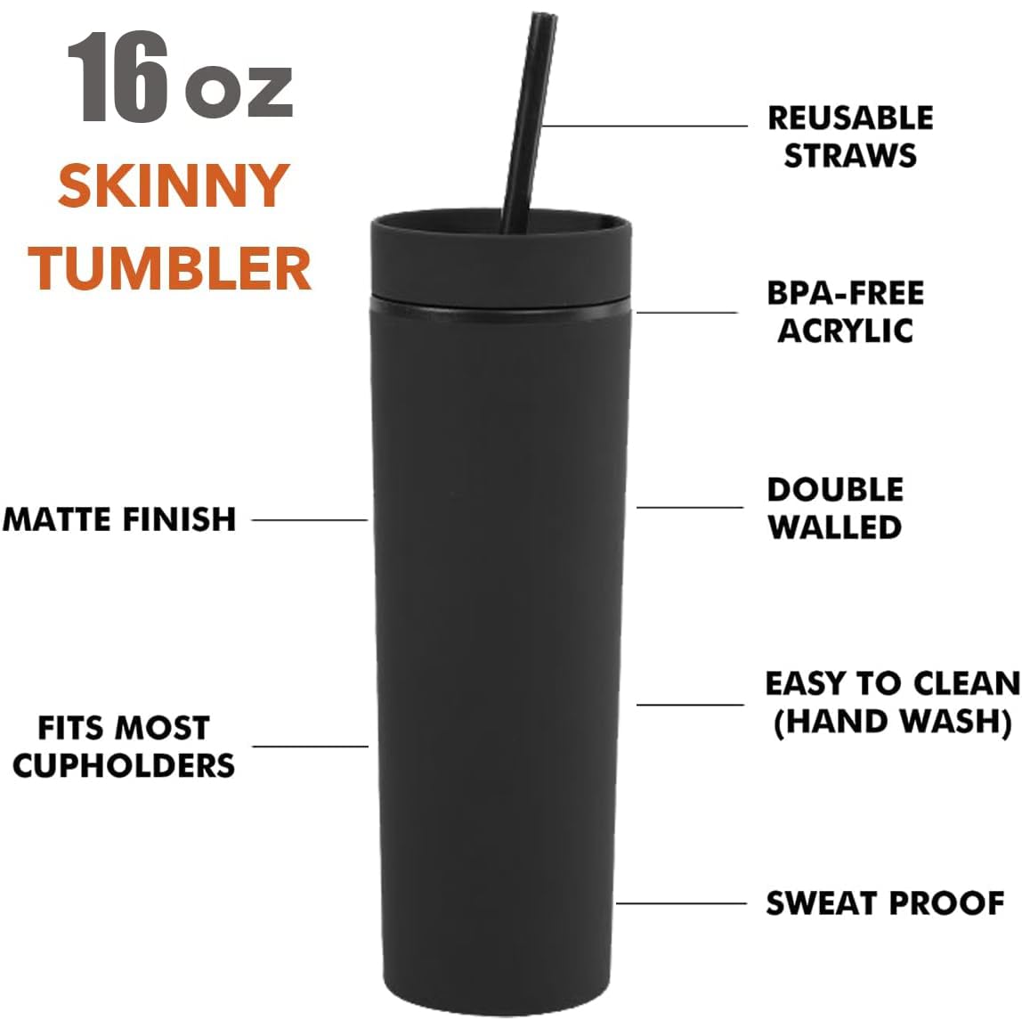 momocici Matte Skinny Tumblers Bulk.16oz Pastel Colored Skinny Tumblers with Lids and Straws.Double Walled Plastic Acrylic Smoothie Tea Iced Coffee Tumbler Cups.Slim Black Tumbler Set.(Black)