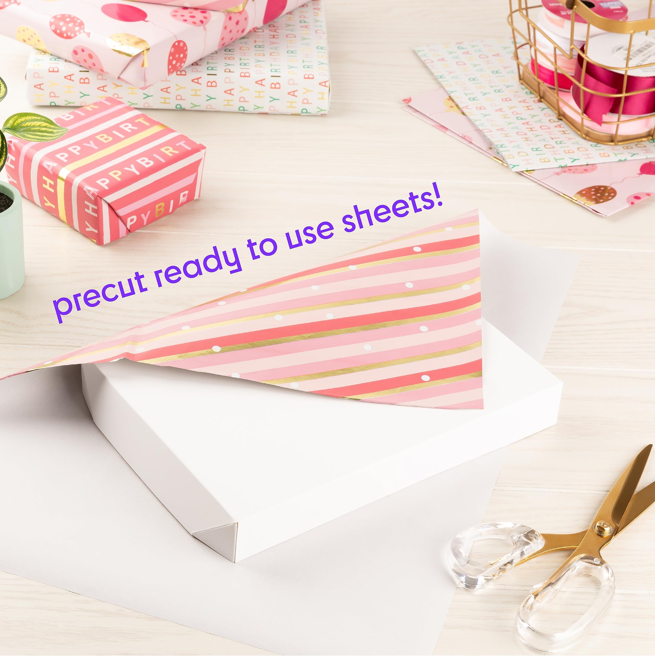 Plum Designs Gift Wrapping Paper Sheets- Happy Birthday Wrapping Paper Girl, Fun Wrapping Paper for Birthday Girl, 14 Sheets Gift Wrap Paper (Cute Fun Theme) (Kraft Birthday THeme) (Pretty Pink Designs)