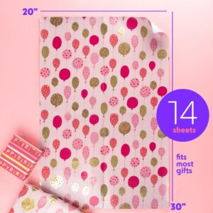 Plum Designs Gift Wrapping Paper Sheets- Happy Birthday Wrapping Paper Girl, Fun Wrapping Paper for Birthday Girl, 14 Sheets Gift Wrap Paper (Cute Fun Theme) (Kraft Birthday THeme) (Pretty Pink Designs)