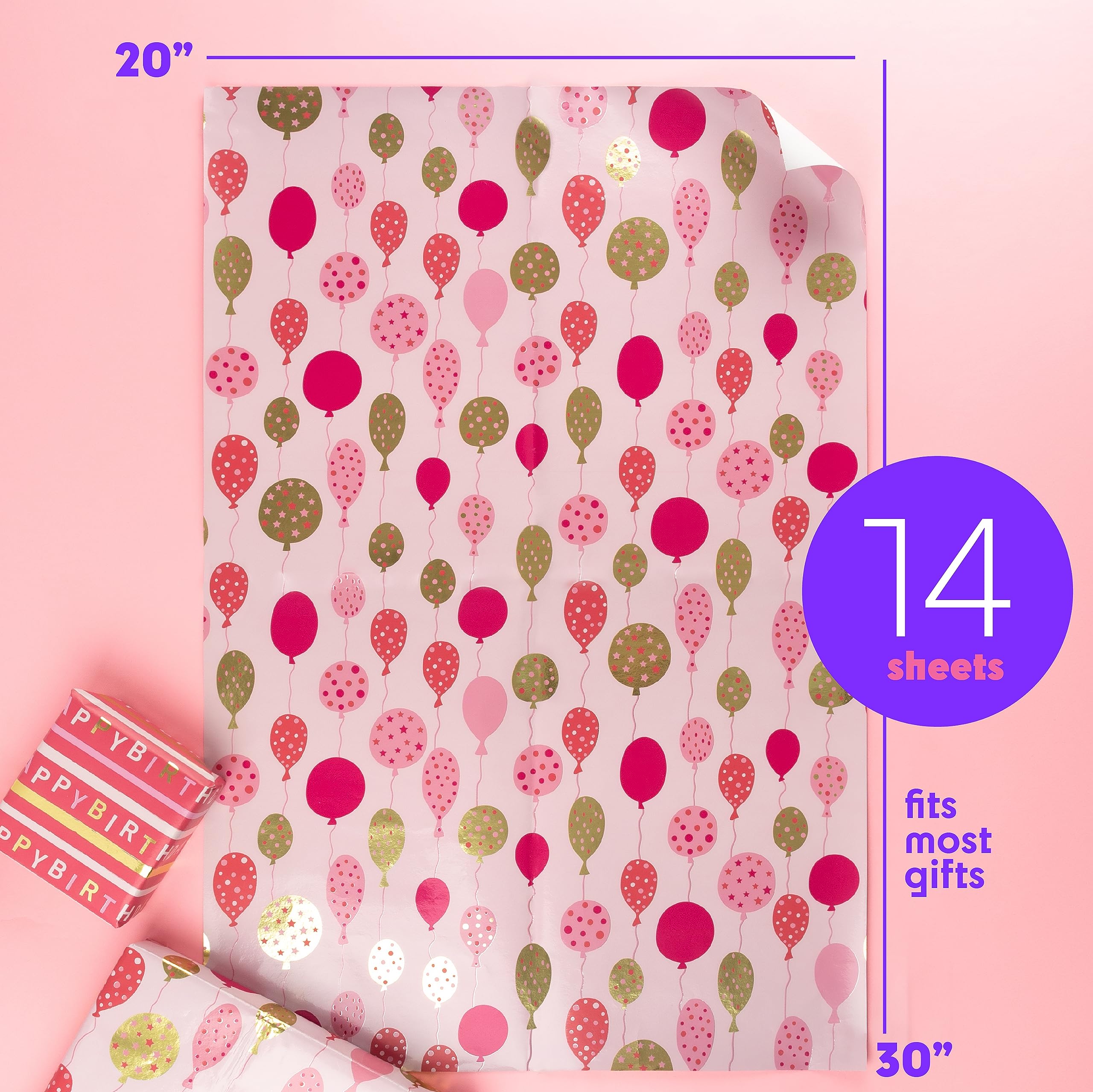 Plum Designs Gift Wrapping Paper Sheets- Happy Birthday Wrapping Paper Girl, Fun Wrapping Paper for Birthday Girl, 14 Sheets Gift Wrap Paper (Cute Fun Theme) (Kraft Birthday THeme) (Pretty Pink Designs)