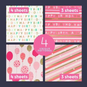 Plum Designs Gift Wrapping Paper Sheets- Happy Birthday Wrapping Paper Girl, Fun Wrapping Paper for Birthday Girl, 14 Sheets Gift Wrap Paper (Cute Fun Theme) (Kraft Birthday THeme) (Pretty Pink Designs)