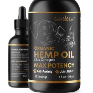 gold leaf hemp oil for dogs and cats - maximum strength - organically grown hemp oil drops - anxiety relief, calming sleep aid, & relaxing pain relief - better than chews & treats - for all breeds