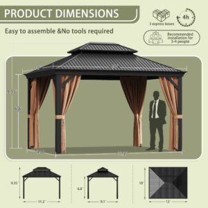 Greesum 10'x12' Hardtop Metal Gazebo, Outdoor Galvanized Steel Double Roof Canopy, Aluminum Frame Permanent Pavilion with Netting and Curtains for Lawns, Patio, Backyard and Deck