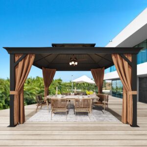 Greesum 10'x12' Hardtop Metal Gazebo, Outdoor Galvanized Steel Double Roof Canopy, Aluminum Frame Permanent Pavilion with Netting and Curtains for Lawns, Patio, Backyard and Deck