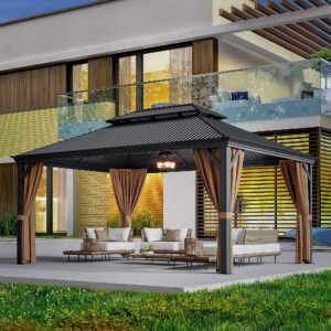 greesum 12'x16' hardtop metal gazebo, outdoor galvanized steel double roof canopy, aluminum frame permanent pavilion with netting and curtains for lawns, patio, backyard and deck