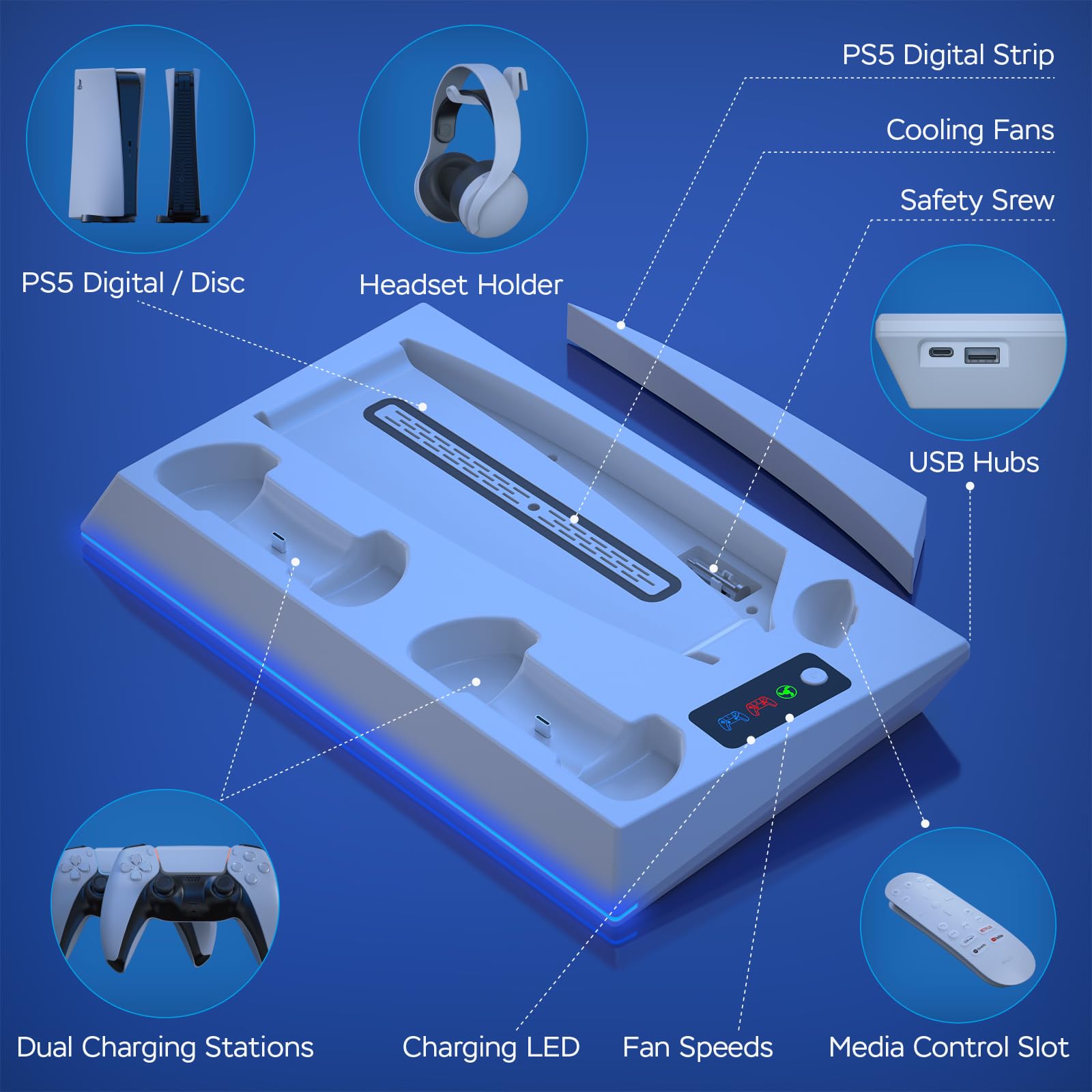 Uxeunrps PS5 Stand with PS5 Cooling Station and PS5 Charger Station for Playstation 5 Accessories, PS5 Controller Charger Station with 3-Level Silent Cooling Fan(Not Fit 2023 PS5 Slim)