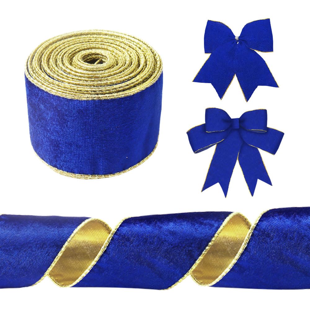 ALIBBON 2.5 Inch x 10 Yds Royal Blue Velvet Ribbon Navy Blue Gold Egde Wired Ribbon Christmas Blue Solid Ribbon for Gift Wrapping Wreath Bows Wedding Birthday Party Supplies DIY Crafts Decor