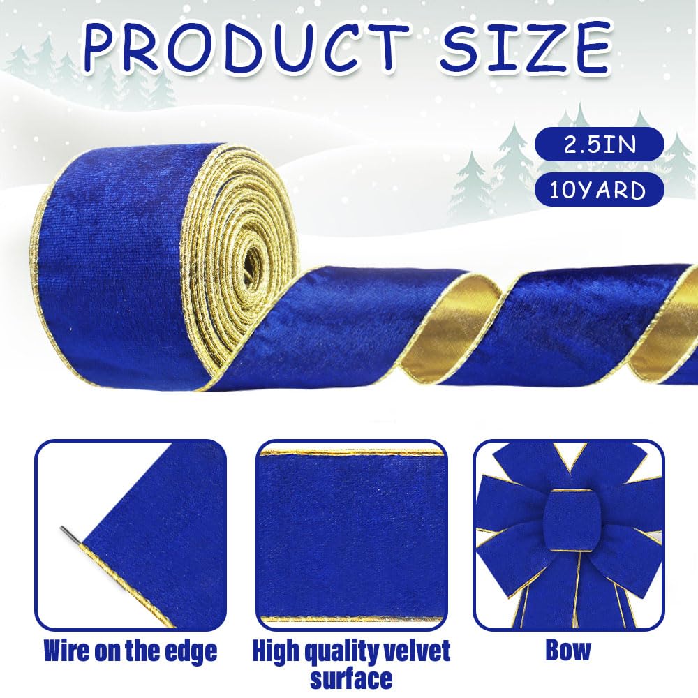 ALIBBON 2.5 Inch x 10 Yds Royal Blue Velvet Ribbon Navy Blue Gold Egde Wired Ribbon Christmas Blue Solid Ribbon for Gift Wrapping Wreath Bows Wedding Birthday Party Supplies DIY Crafts Decor