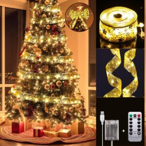 lecone christmas tree decorations, 2 pack christmas ribbon lights 40ft 120 led copper wire fairy lights with 8 modes & timer, usb or battery operated christmas lights for tree indoor (warm light)