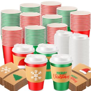 ziliny 200 pack 12 oz christmas cups with lids and coffee cup sleeves red green disposable christmas paper coffee cups for beverage chocolate tea cocoa xmas holiday table decorations party favors