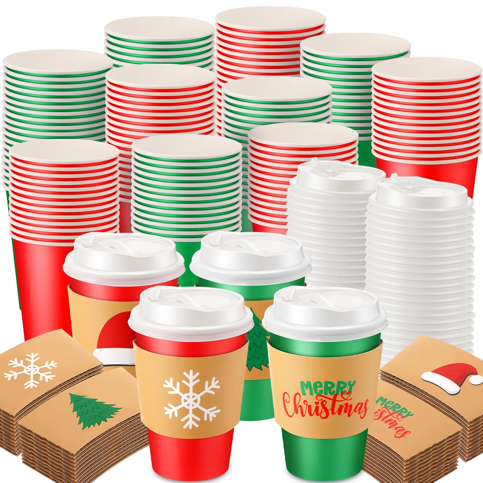 Ziliny 200 Pack 12 oz Christmas Cups with Lids and Coffee Cup Sleeves Red Green Disposable Christmas Paper Coffee Cups for Beverage Chocolate Tea Cocoa Xmas Holiday Table Decorations Party Favors