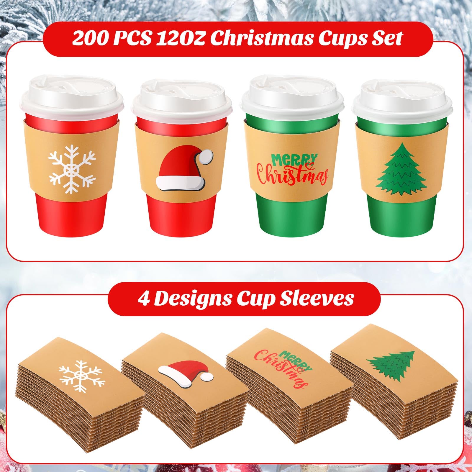 Ziliny 200 Pack 12 oz Christmas Cups with Lids and Coffee Cup Sleeves Red Green Disposable Christmas Paper Coffee Cups for Beverage Chocolate Tea Cocoa Xmas Holiday Table Decorations Party Favors