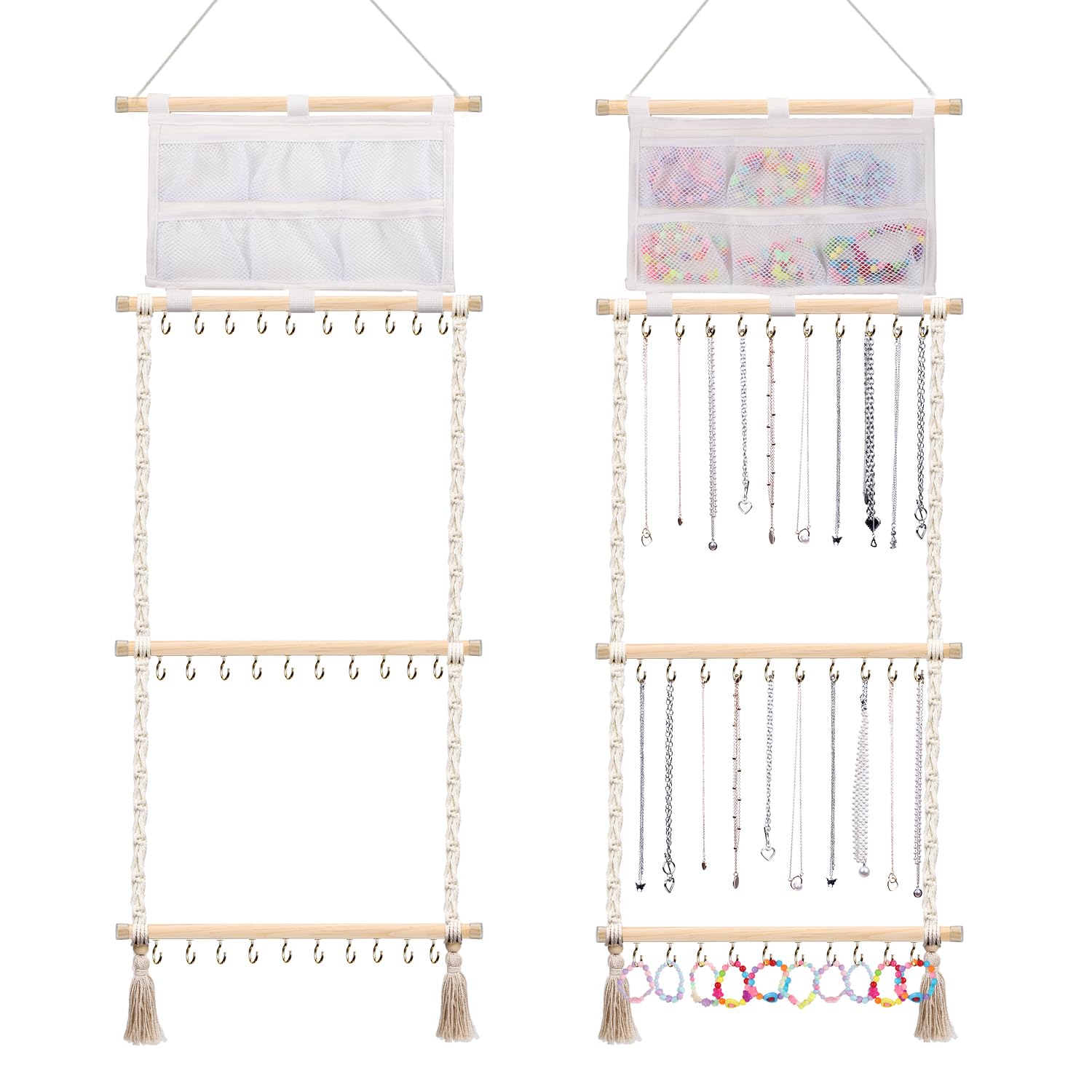 Lilcolat Hanging Jewelry Organizer Macrame Necklace Holder with 30 Hooks Wall Mounted Jewelry Hanger Over Door Necklace Rack with Tassel for Necklaces Bracelet Earrings Display Headband Bow Organizer