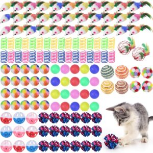 shappy 150 pcs cat ball toys bulk include 30 mice toy 10 rainbow balls 4 lattice balls 4 sisal balls 20 table tennis balls 20 plush balls 32 springs 18 crinkle balls 2 caged rat balls 10 bell balls