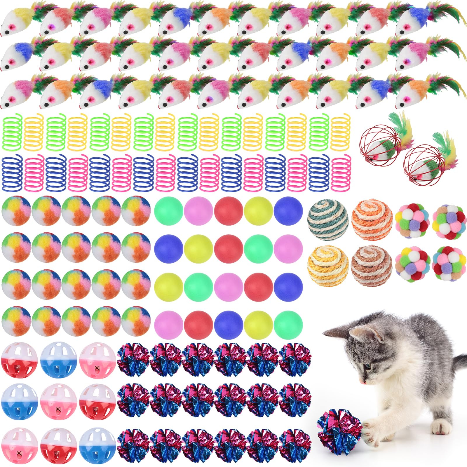 Shappy 150 Pcs Cat Ball Toys Bulk Include 30 Mice Toy 10 Rainbow Balls 4 Lattice Balls 4 Sisal Balls 20 Table Tennis Balls 20 Plush Balls 32 Springs 18 Crinkle Balls 2 Caged Rat Balls 10 Bell Balls