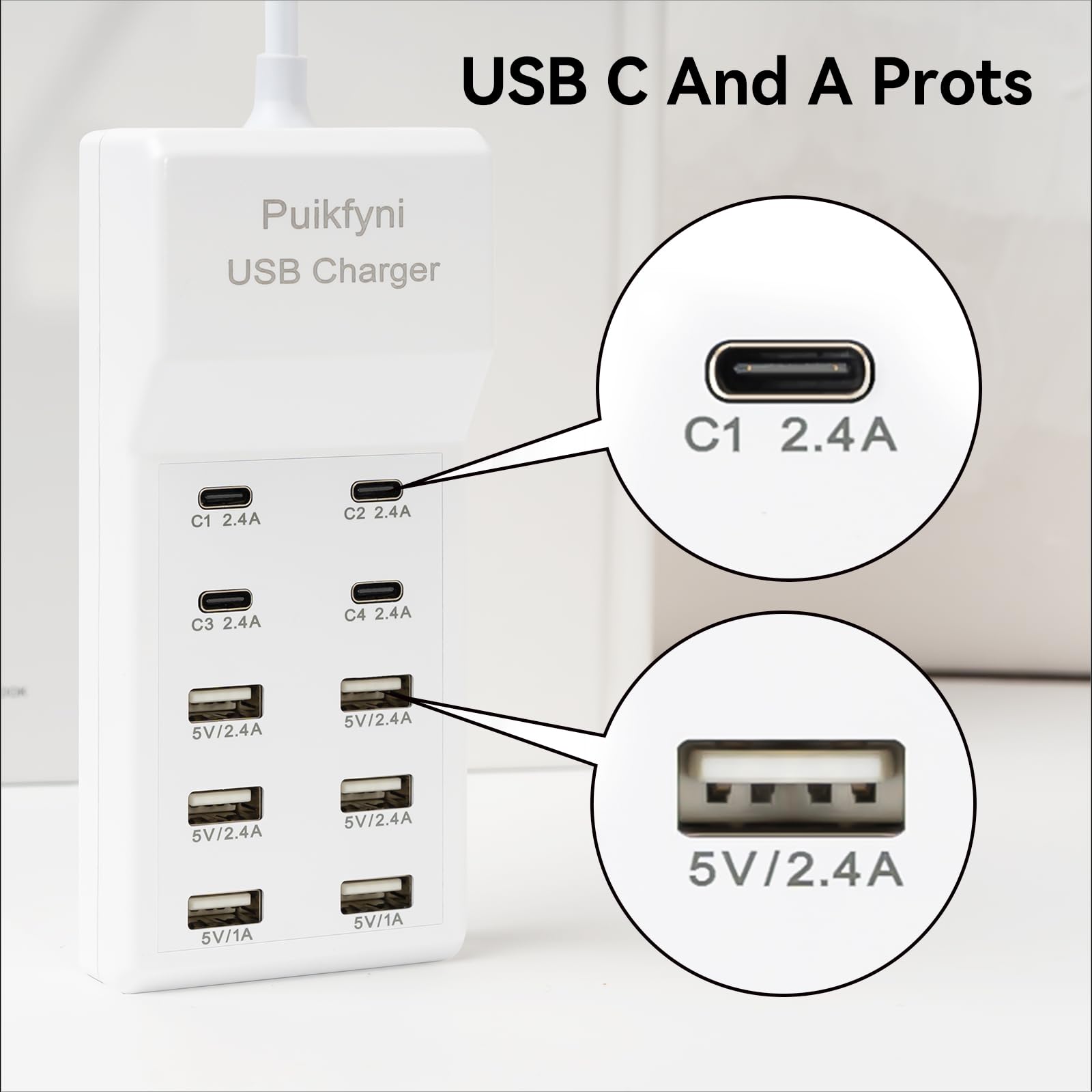 Puikfyni Portable USB C Charging Station,USB-C 4-Ports, Hub 10-Ports USB Charger Dock for Multiple Devices Phones Tablet Smartwatch Headphones Speakers (Ivory USBC)