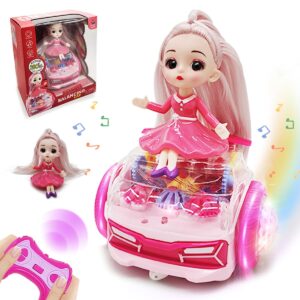 qun xing pink remote control car for girls 2.4g lights up music spinning gear toys with doll rc cars for 4,5,6 year old girls kids, xmas birthday gifts