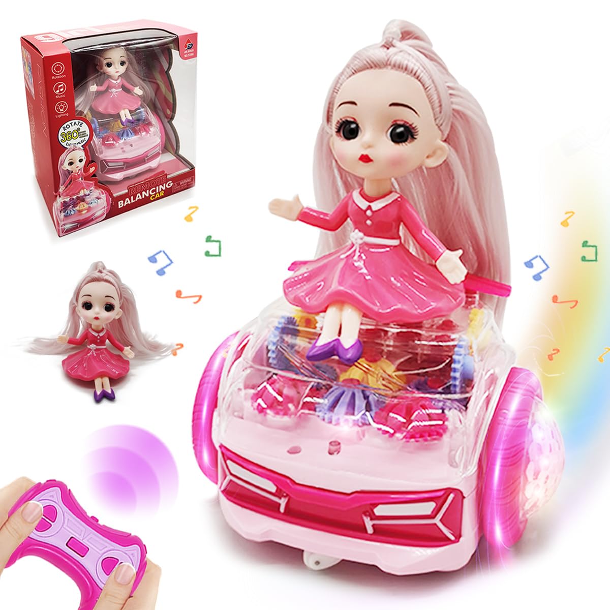 QUN XING Pink Remote Control CAR for Girls 2.4G Lights up Music Spinning Gear Toys with Doll rc Cars for 4,5,6 Year Old Girls Kids, Xmas Birthday Gifts