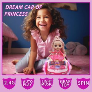 QUN XING Pink Remote Control CAR for Girls 2.4G Lights up Music Spinning Gear Toys with Doll rc Cars for 4,5,6 Year Old Girls Kids, Xmas Birthday Gifts