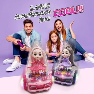 QUN XING Pink Remote Control CAR for Girls 2.4G Lights up Music Spinning Gear Toys with Doll rc Cars for 4,5,6 Year Old Girls Kids, Xmas Birthday Gifts